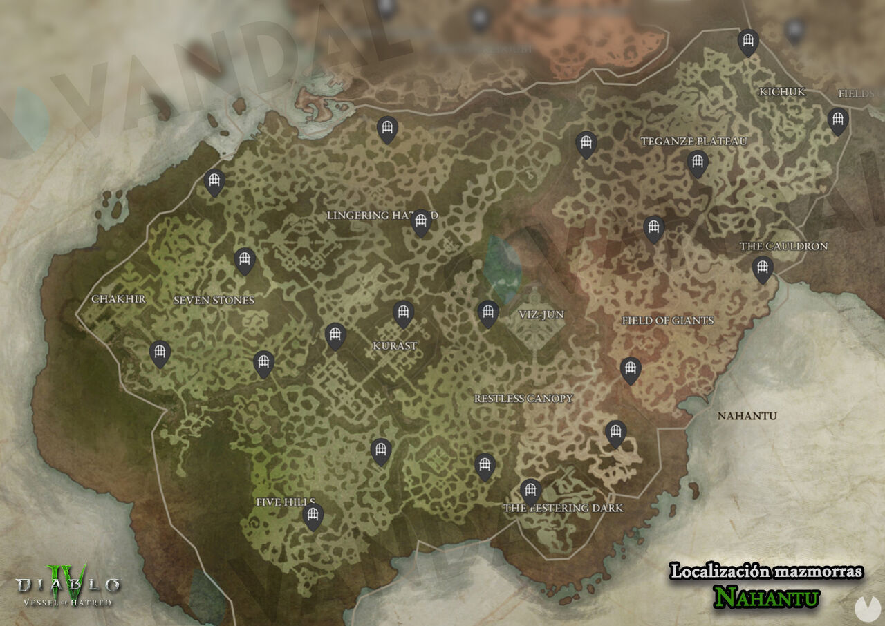 Mapa de Nahantu en Diablo 4: TODAS las mazmorras, fuertes ...