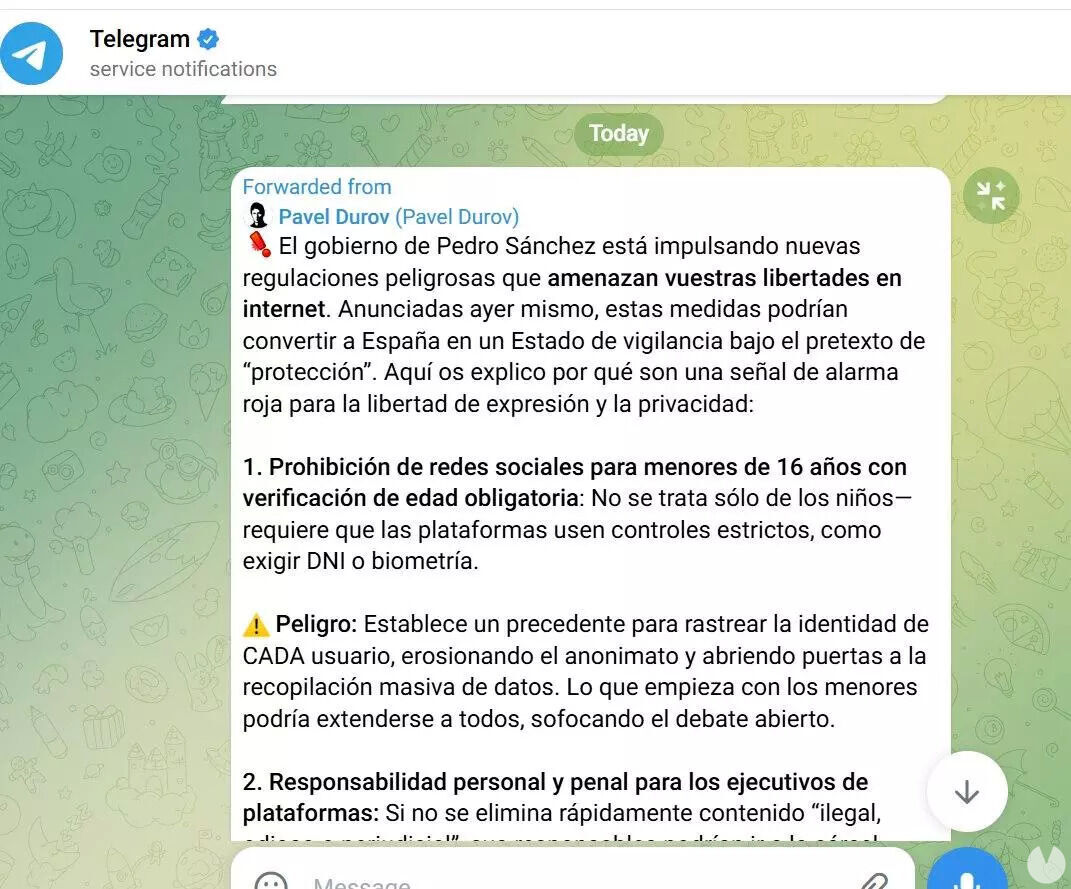 El dueño Telegram señala a Pedro Sánchez y alerta a millones de ...