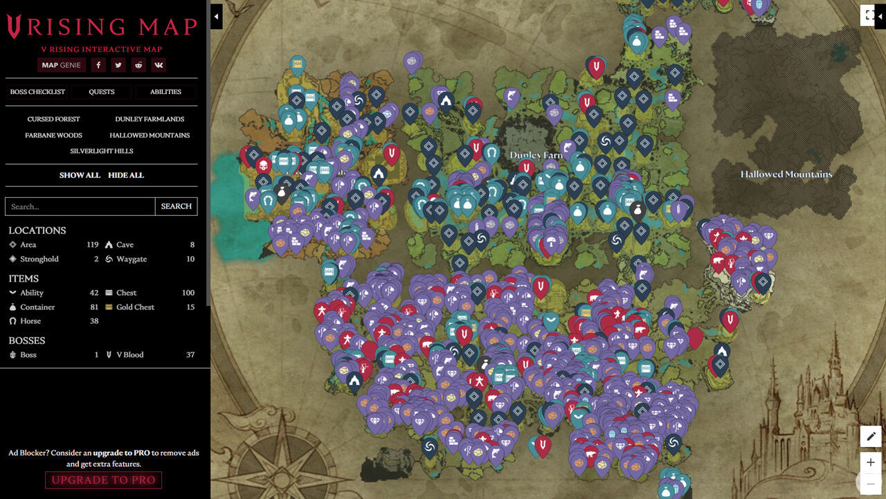 Mapa interactivo de V Rising: TODOS los recursos, jefes, zonas y secretos